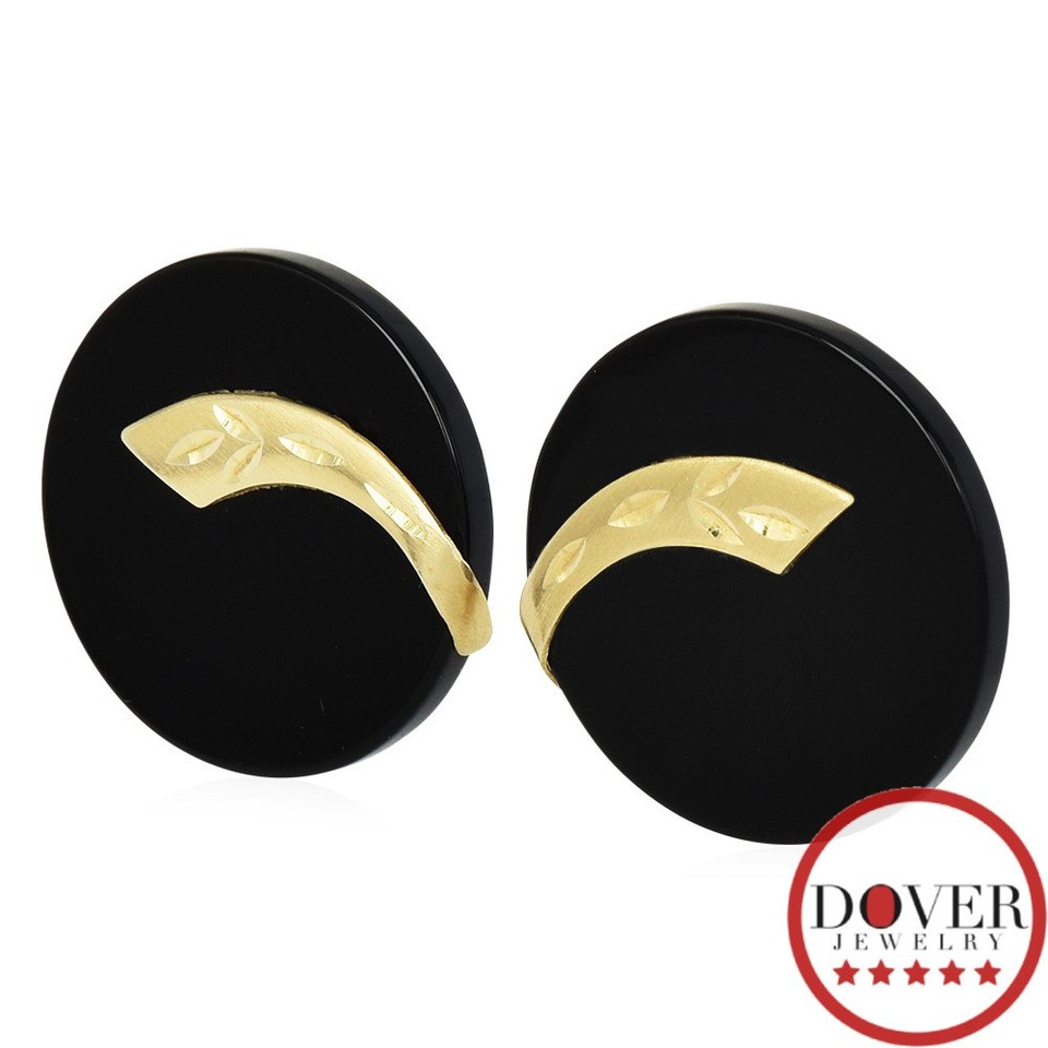 Estate Onyx 14K Gold Textured Floral Round Disc Stud Earrings 2.8 Grams ...