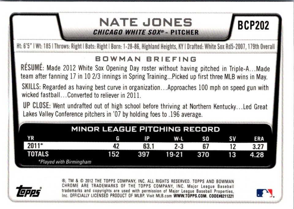 2012 Bowman Chrome Prospects Nate Jones #BCP202 Chicago White Sox ...