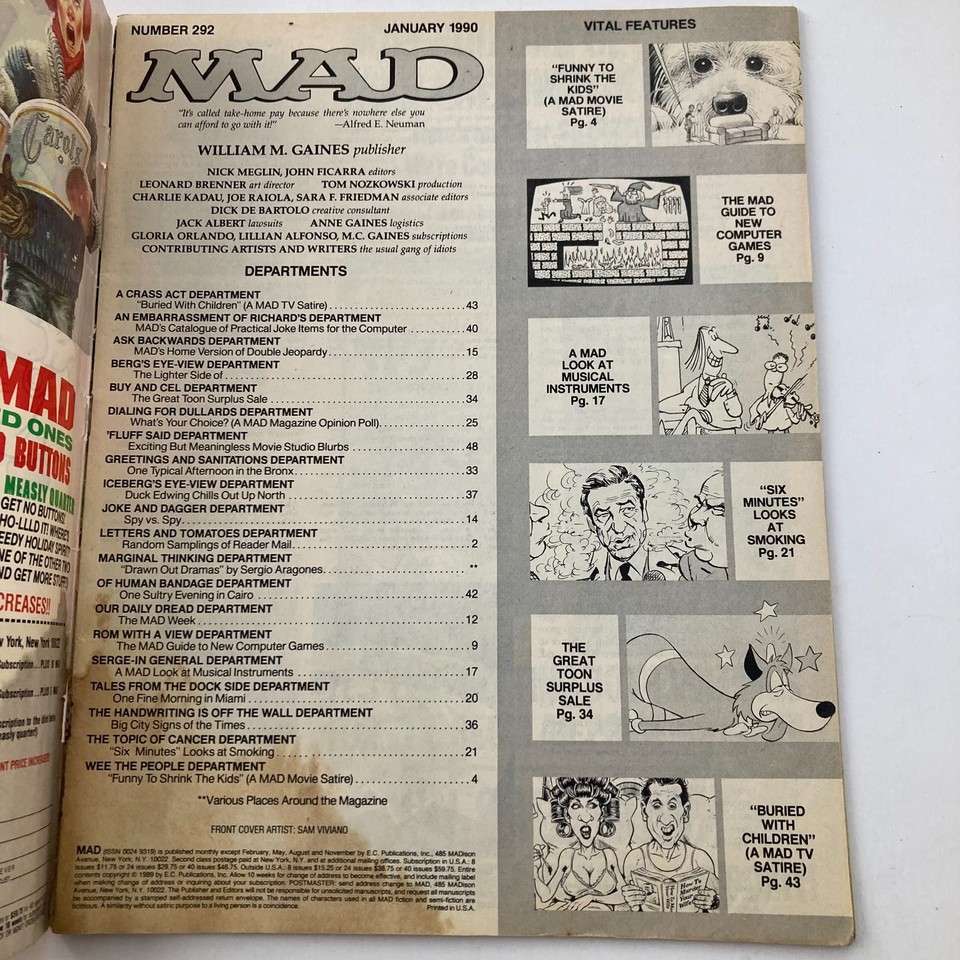 VTG Mad Magazine January 1990 No. 292 Nintendo Super Mario 2.0 GD Good ...