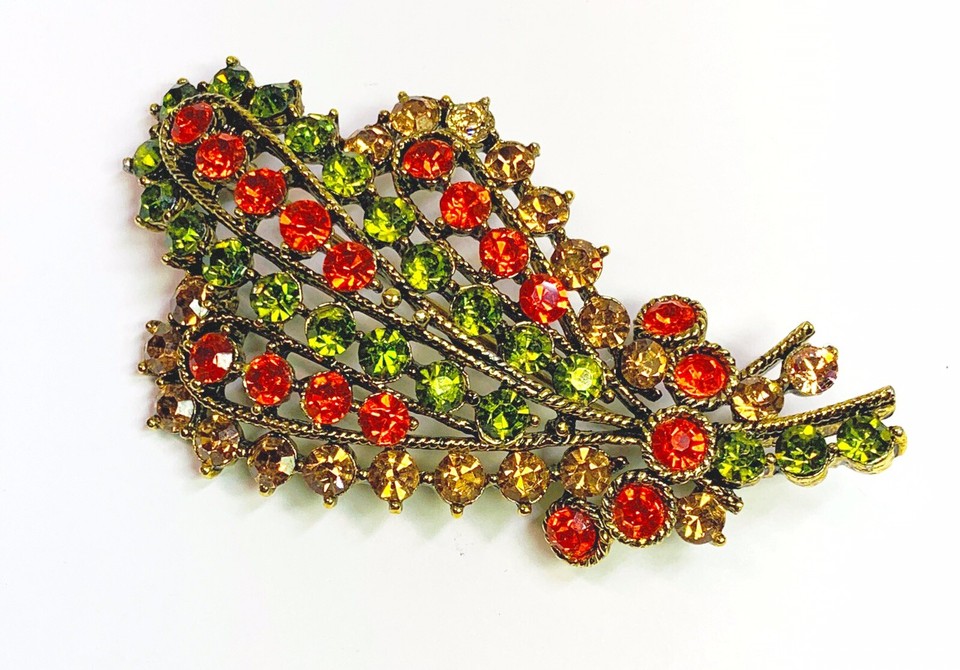 Vtg Rhinestone Spray Brooch Pin Fall Colors Red Green Bronze Faceted ...