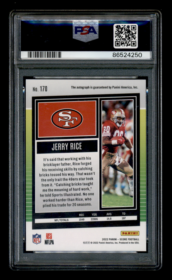 86524250 2022 Panini Score #170 Jerry Rice Auto San Francisco 49ers PSA ...