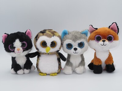 Ty Beanie Boos LOT 4 Plush Slush Husky Dog Slick Fox Pepper Cat Owliver ...