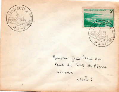 MONACO -- Enveloppe -- Timbre 5 F. bleu-vert -- Vue générale de la ...