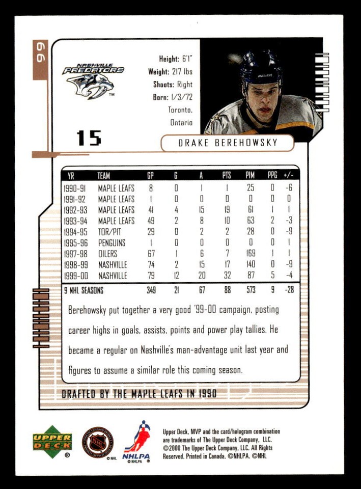 Drake Berehowsky 2000 Upper Deck MVP #99 Nashville Predators | eBay