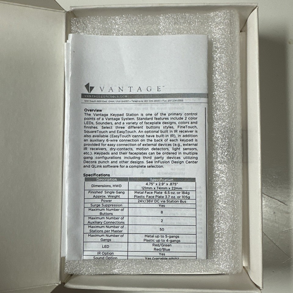 Vantage Keypad Station KS14TS Controls Vision System 8-Button AWYG ...