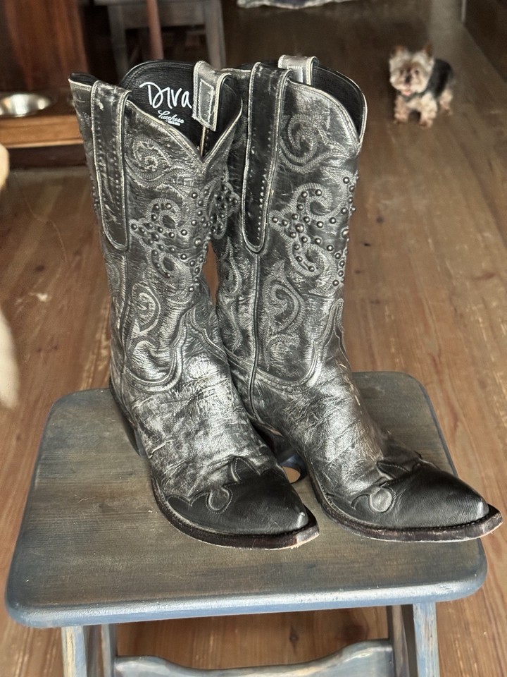 RARE Vintage Luccese “Diva” Agata Silver/Black Leather Cowboy Boots | eBay