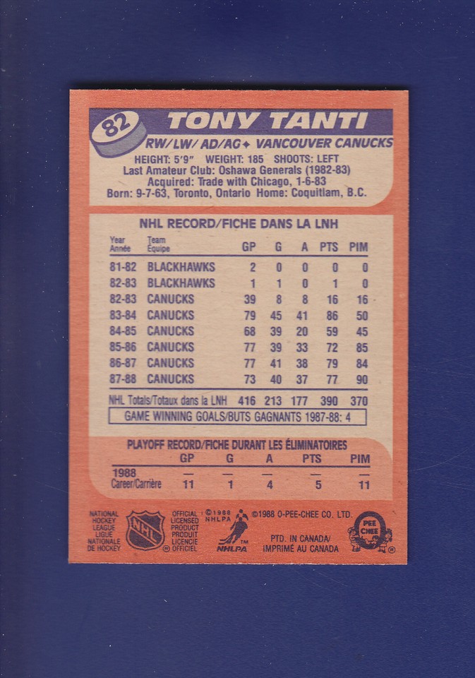 Tony Tanti 1988-89 O-PEE-CHEE OPC NHL Hockey #82 (MINT) Vancouver ...