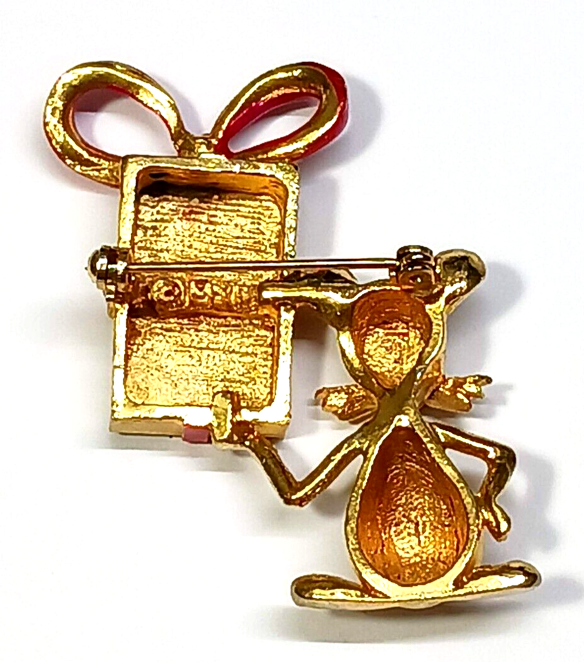 Vintage MYLU Rhinestone Christmas Pin Brooch Gold Tone Mouse with ...