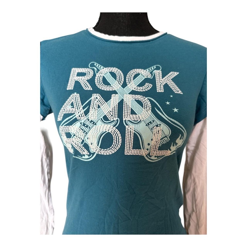 Vintage Y2K Rock & Roll Teal Graphic Tee Size M | eBay
