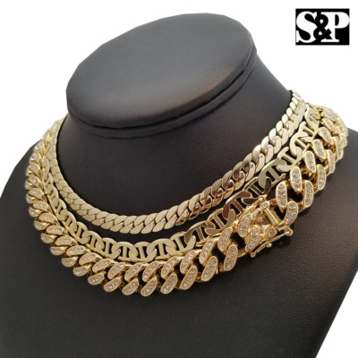 Hip Hop Gold plated Quavo 20" Choker Cuban, Marina 3 Chain Necklace ...