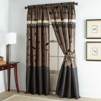 4 pc Bronze Black Gold Leaves Curtains Panels Drapes Valance Sheer Set ...