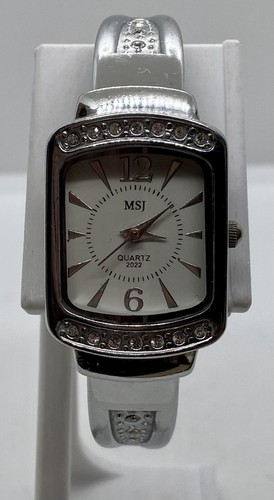MSJ Ladies Watch Hinged Cuff New Battery Iced Rectangular Case And Band ...