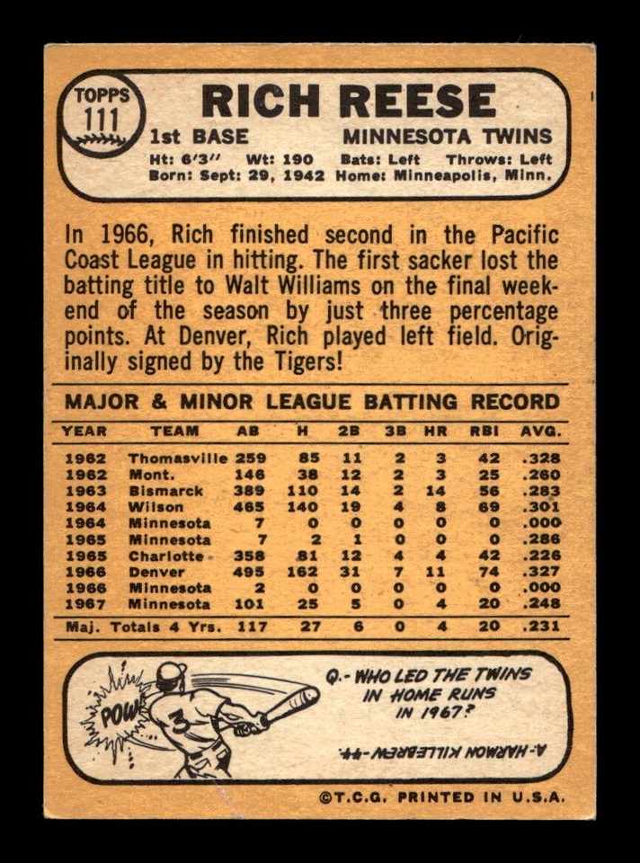 1968 Topps #111 Rich Reese Twins EX+ *y5 | eBay