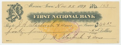RN-X7 First National Bank Marion check, Marion Iowa 1899 | eBay