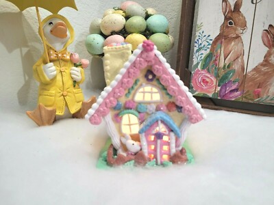 Easter Pastel Bunny Rabbit Gingerbread House LIGHT UP Tabletop Decor 5. ...