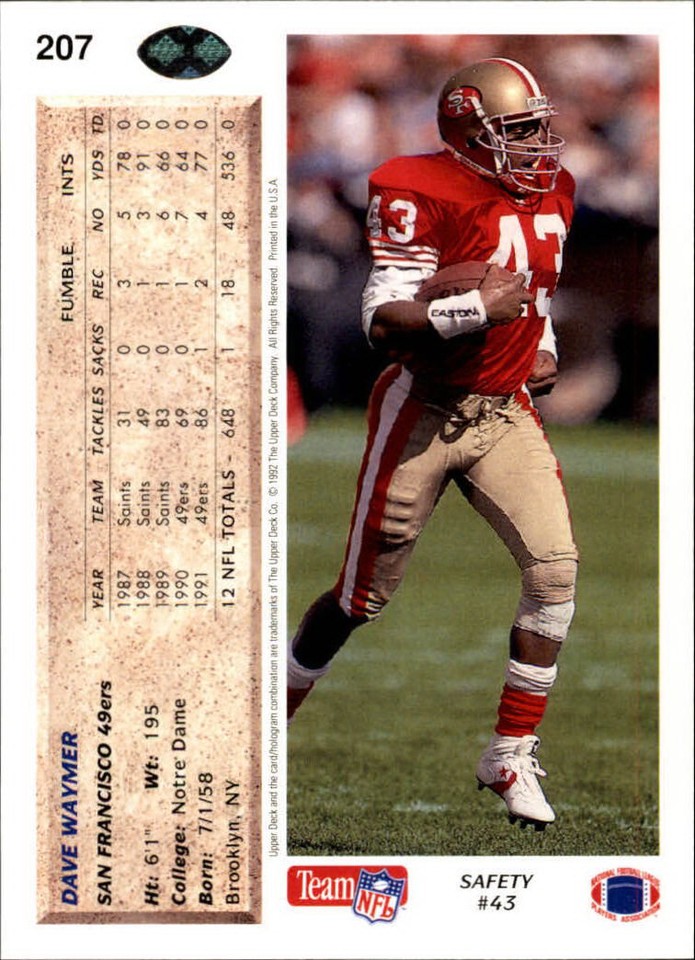 1992 Upper Deck Football Card #207 Dave Waymer | eBay