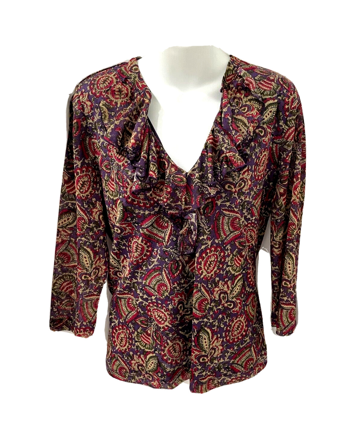 Chaps Blouse Large Purple Pink Beige Mesh Paisley Ruf… - Gem