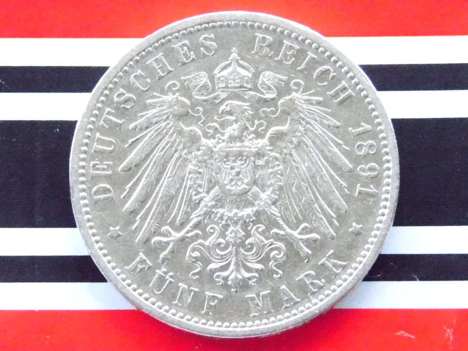 GERMAN 5 Mark 1891 A PRUSSIA EMPIRE KAISER WILHELM II. 90% Silver Coin ...