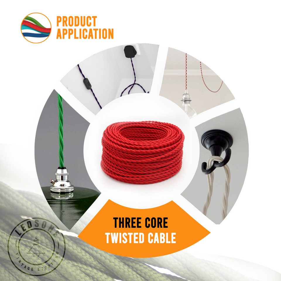 3 Core Electric Cable Braided Fabric Flex Cord Lighting Vintage Wire 0 ...