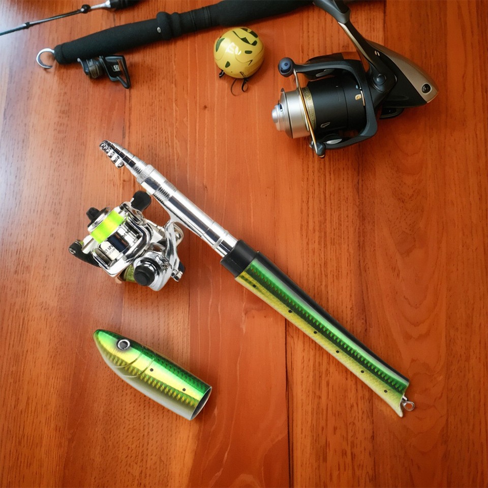 Portable Fish Shaped Fishing Rod with Reel Telescopic Reusable Mini ...