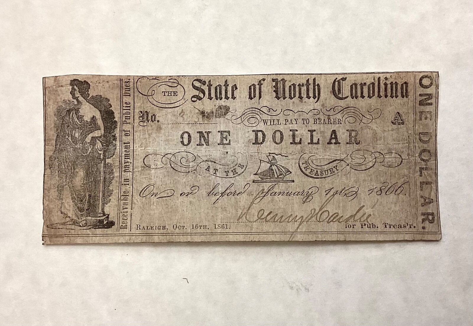 ~ Oct 16, 1861 $1 State of North Carolina Civil War Confederate ...