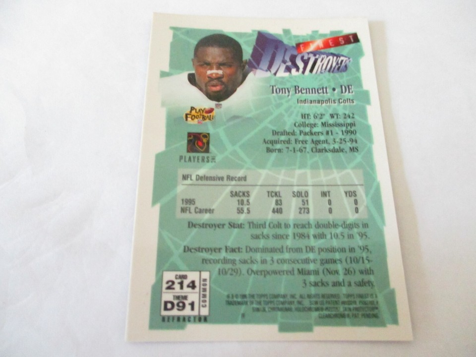 1996 Topps Finest Football Unpeeled Refractor Tony Bennett Card #214 #2 ...
