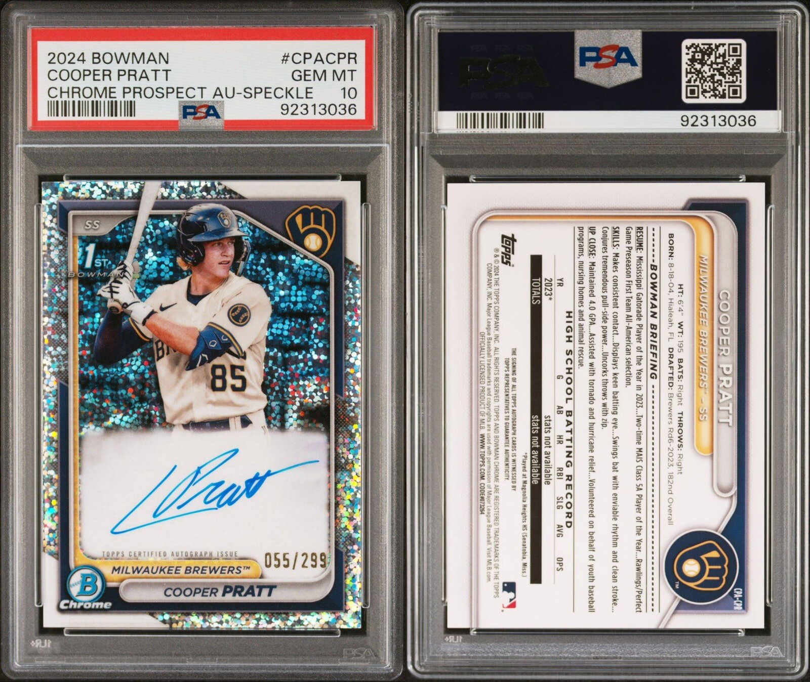 2024 Bowman Chrome 1st Speckle Refractor Cooper Pratt /299 Auto Brewers ...