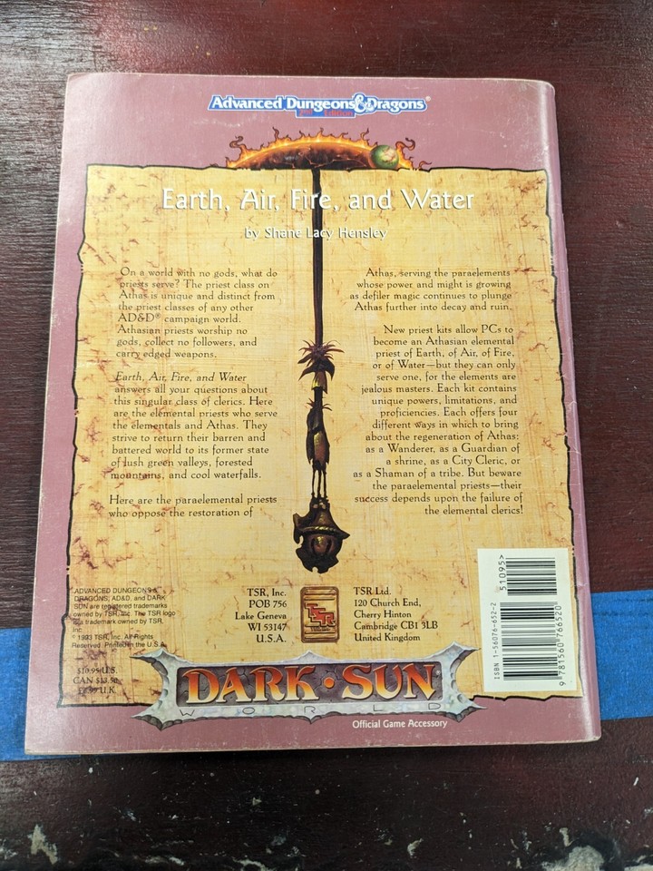 Earth, Air, Fire and Water 2422 DSS2 Dark Sun Advanced Dungeons ...
