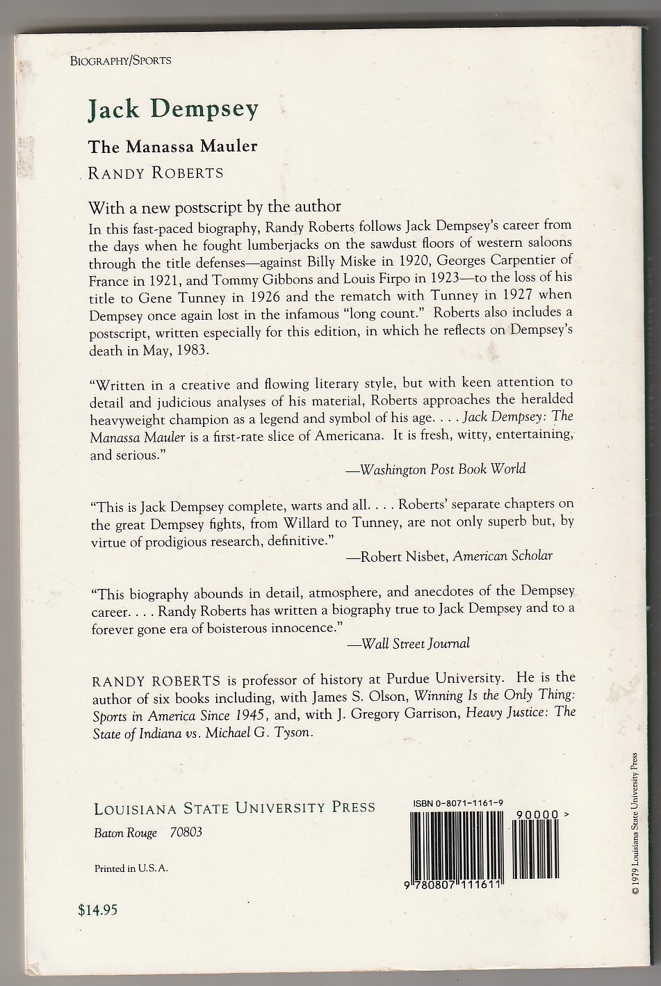 Jack Dempsey : The Manassa Mauler by Randy Roberts (1984, Trade ...