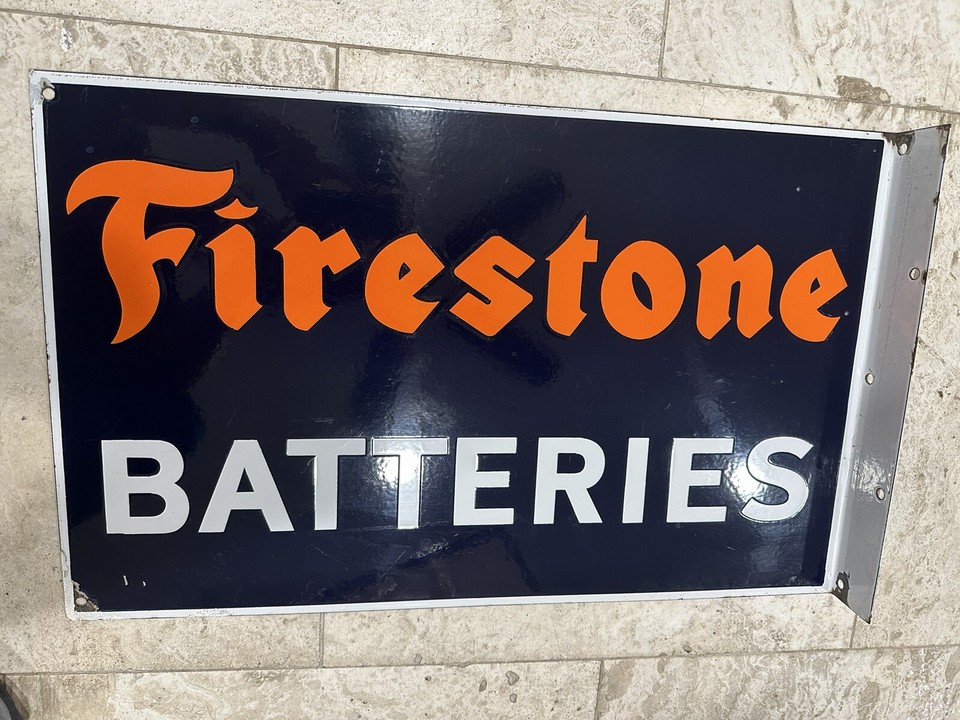 Vintage FIRESTONE BATTERIES PORCELAIN FLANGE SIGN Original Tire AC Rare ...