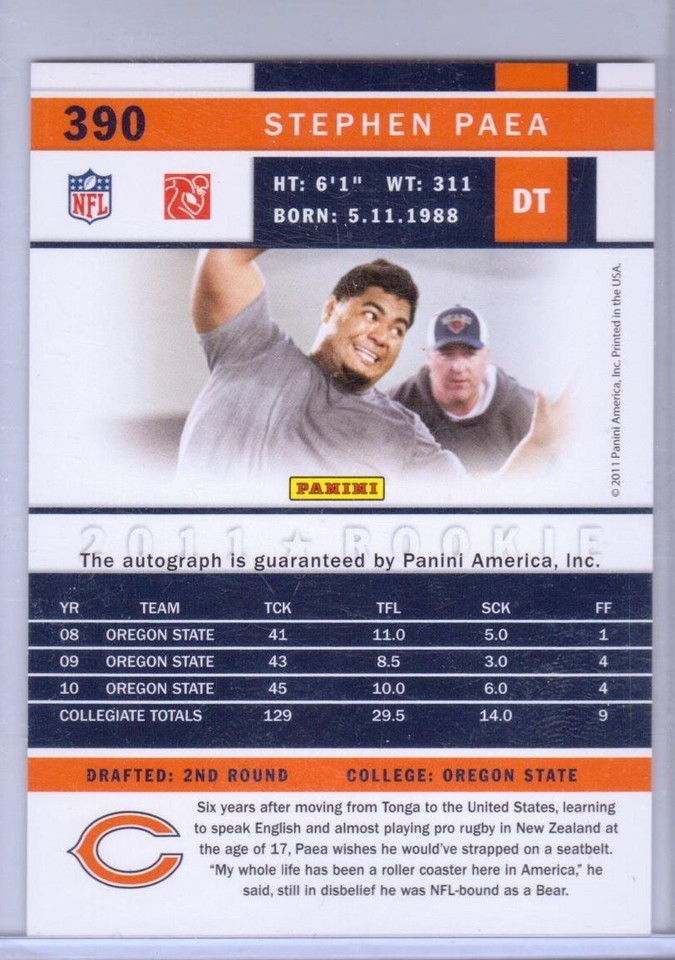 2011 Score Signatures #390 Stephen Paea - Chicago Bears | eBay