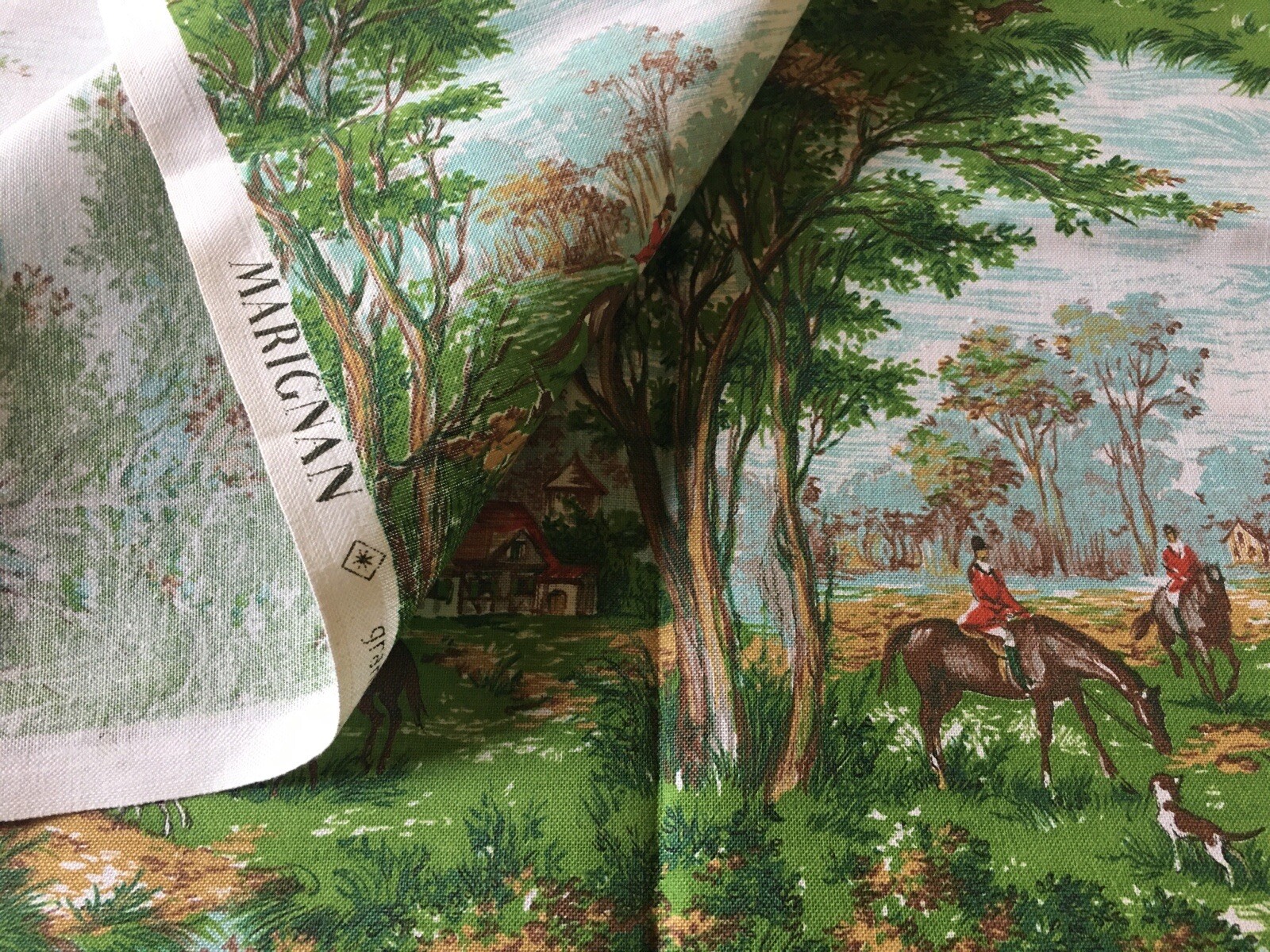 Vintage French Hunt Chase Equestrian Cotton Interiors Fabric~ Marignan ...