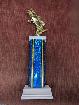 large mouth bass fish trophy wide blue column white base award fishing ...