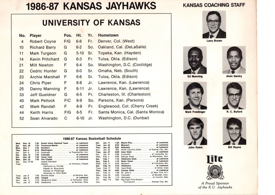 VINTAGE ORIGINAL 1986 1987 KANSAS JAYHAWKS 8.5X11 TEAM PHOTO BASKETBALL ...