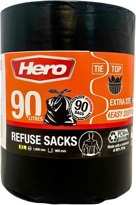 90 x Hero Heavy Duty Bin Bags 90l Strong Refuse Sacks Tie Top Black ...