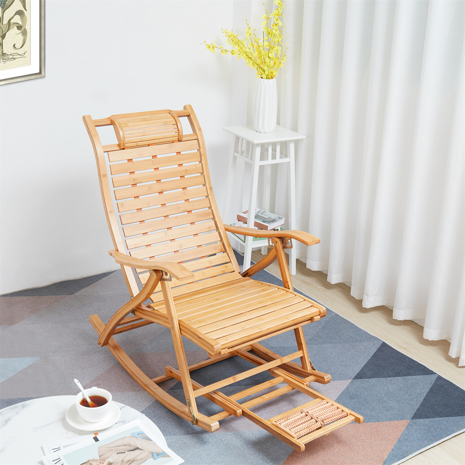 XXL Portable Rocking Chair Bamboo Adjustable Height Recliner Porch Home ...