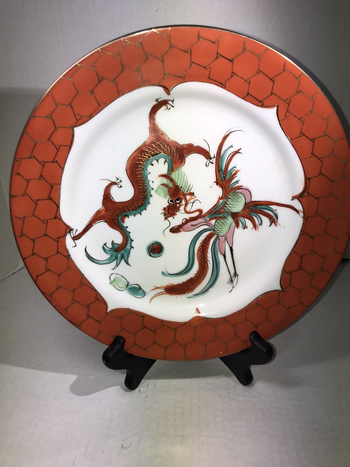 Vintage Chinese Hand Painted Porcelain Orange & Gold Dragon & Phoenix ...