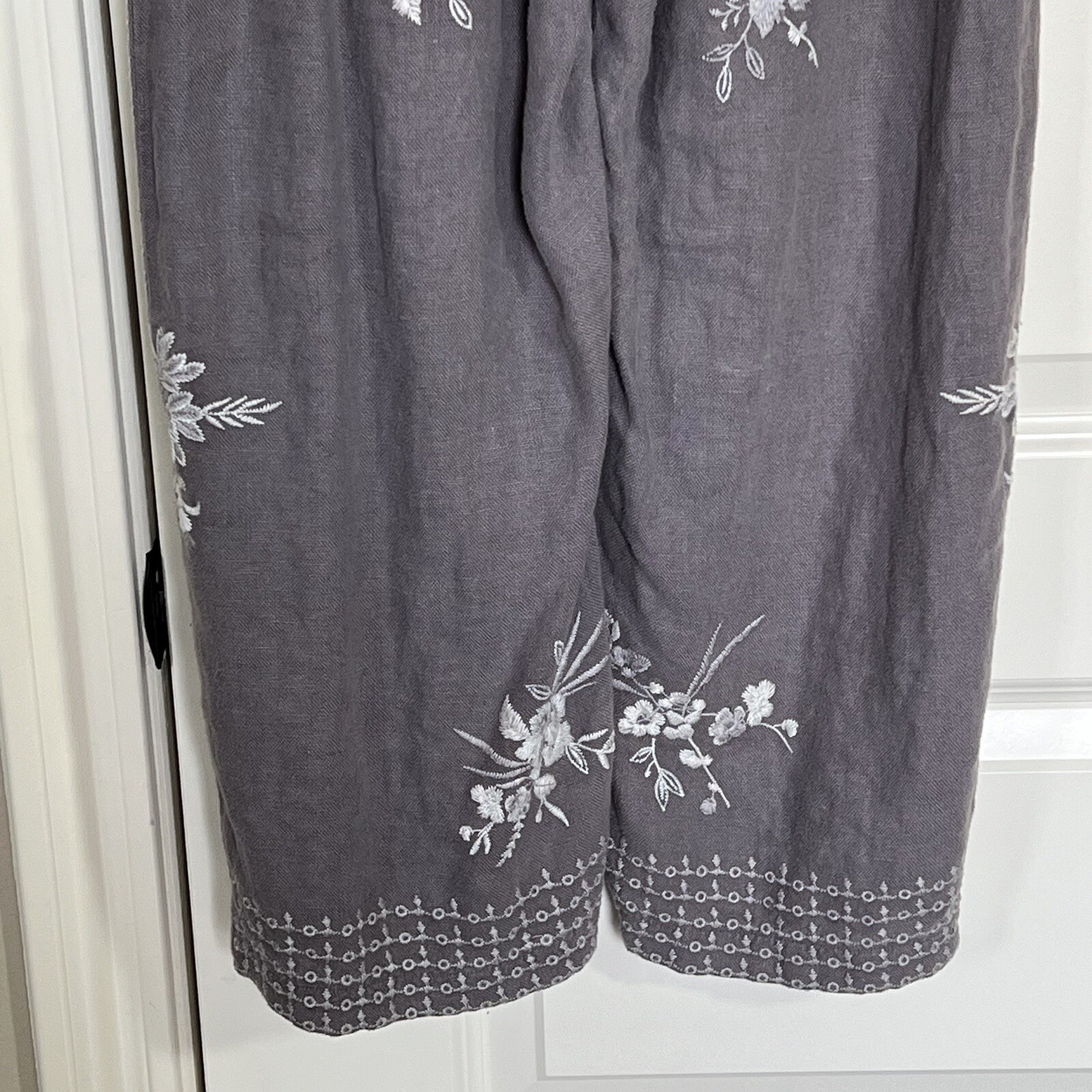 NWT JOHNNY WAS Pant SZ XS Gray Oleander Cropped Heavy Linen Embroidered ...