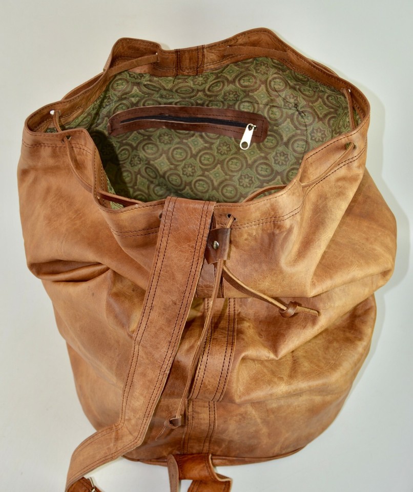 Organic Leather Drawstring Bucket Duffel Bag Backpack Rucksack Moroccan ...