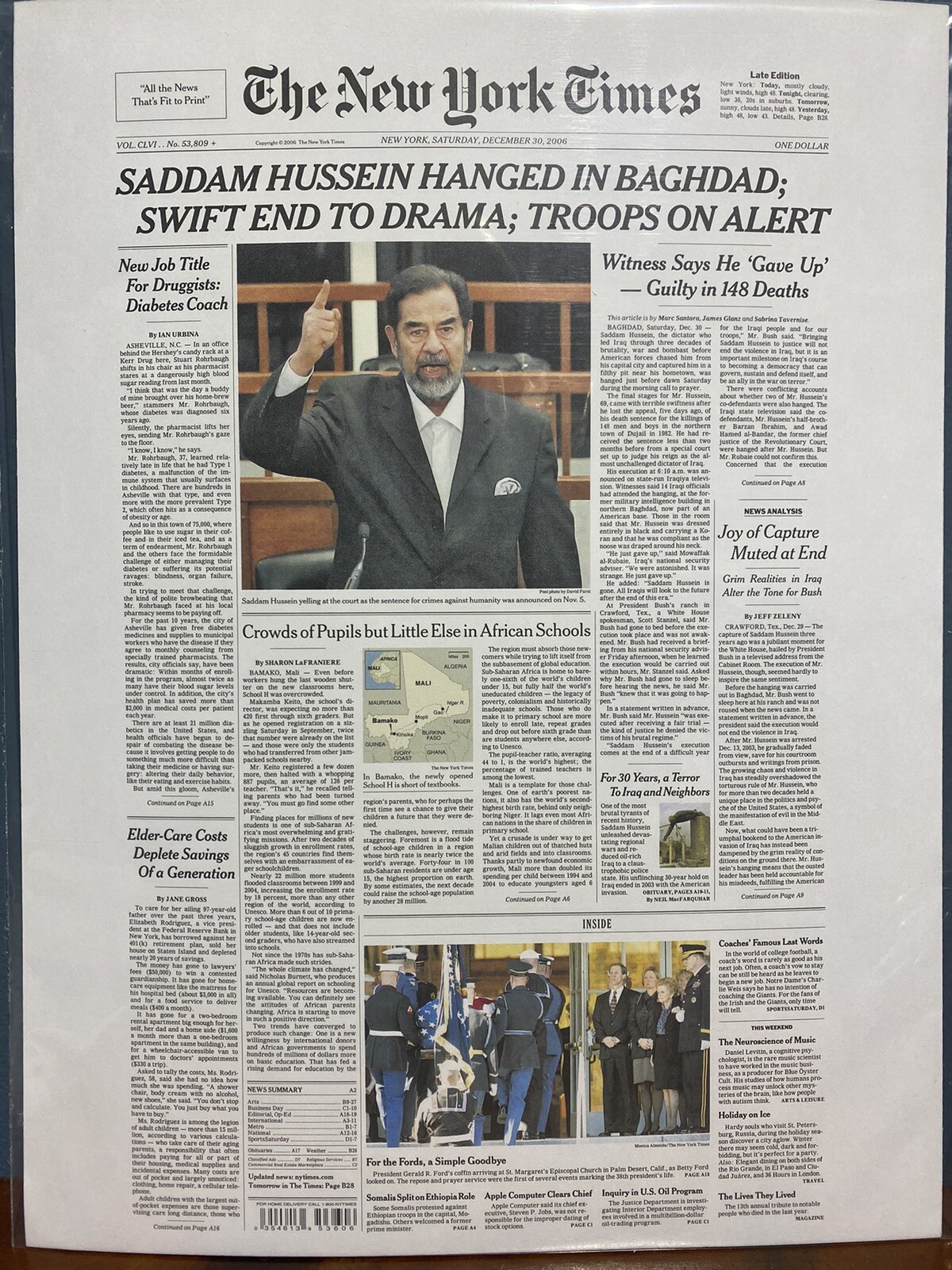 NEWSPAPER HEADLINE ~ SADDAM HUSSEIN HANGED TO DEATH BAGHDAD IRAQ WAR ...