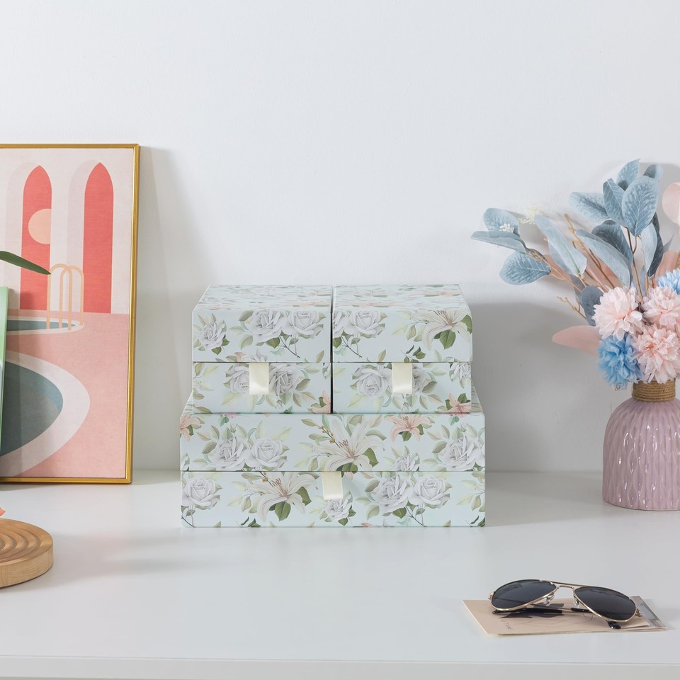 Pastel Floral Decorative Boxes with Hinged Lids and Muted Ribbon Pull ...