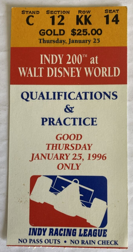 Walt Disney World January 25 1996 Indy 200th Race Ticket Stub Indy ...