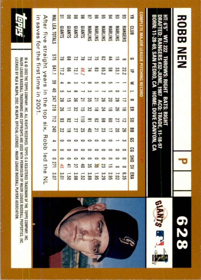 2002 Mint ** Topps Robb Nen San Francisco Giants #628 | eBay