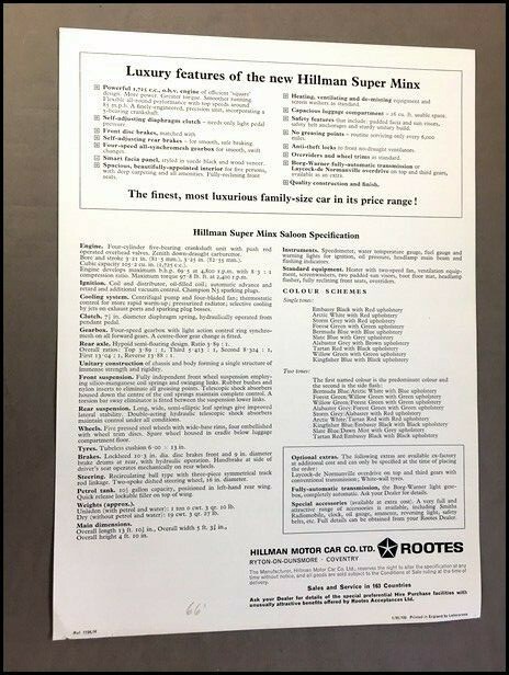 1966 Hillman Super Minx Vintage Original 1-page Sales Brochure Sheet ...