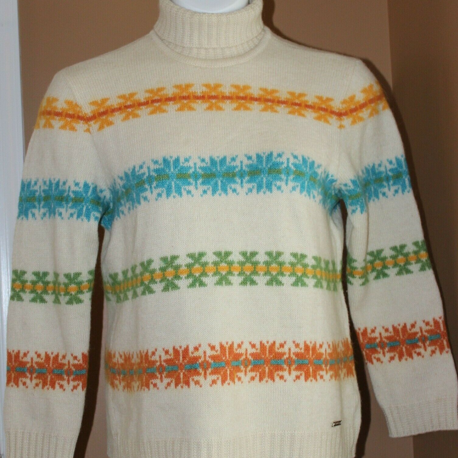 Steffner Ivory Sweater Turtleneck Blue Green Orange G… - Gem