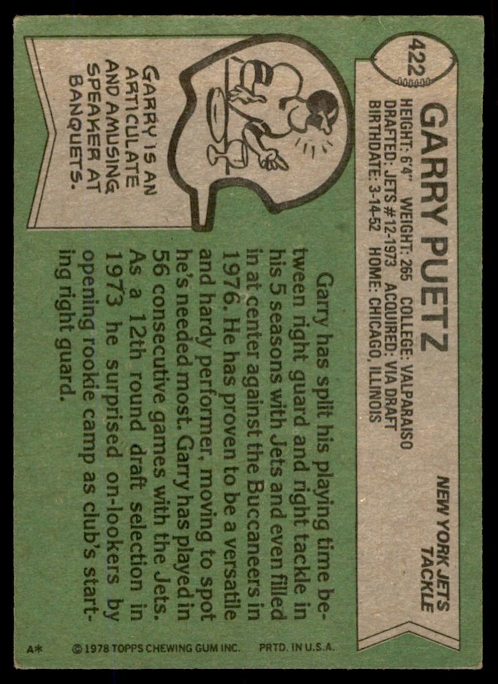 1978 TOPPS GARRY PUETZ . NEW YORK JETS #422 | eBay