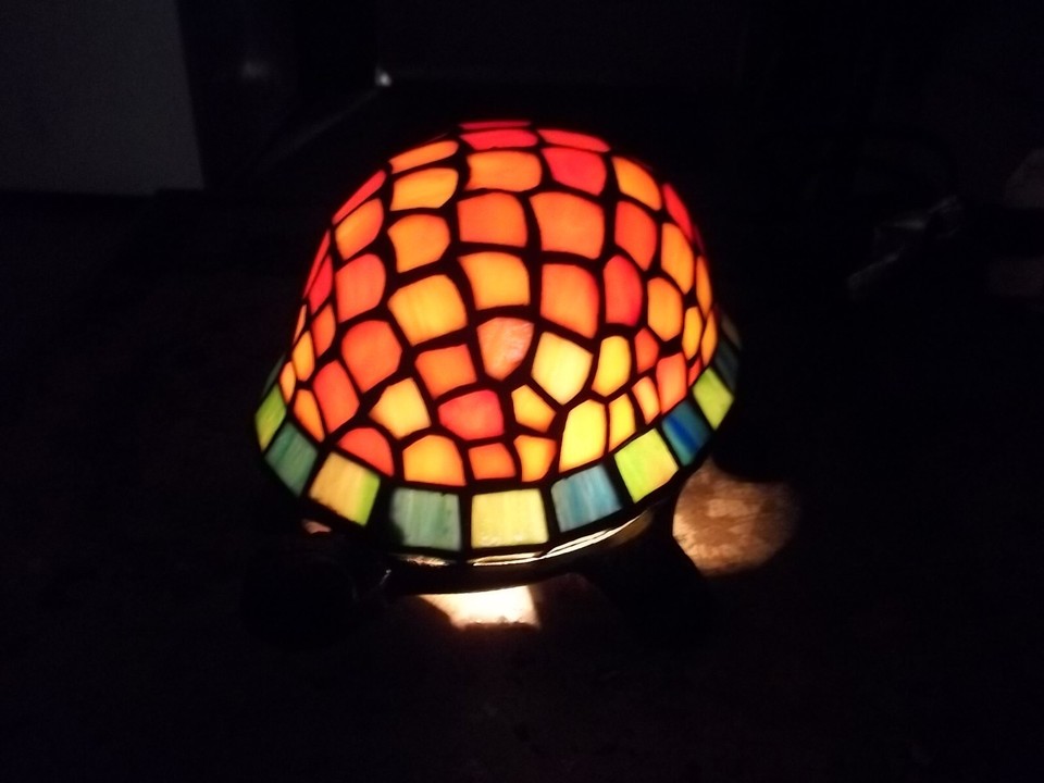Tiffany Style Cast Iron Stained Glass Turtle Accent Table Lamp Night ...