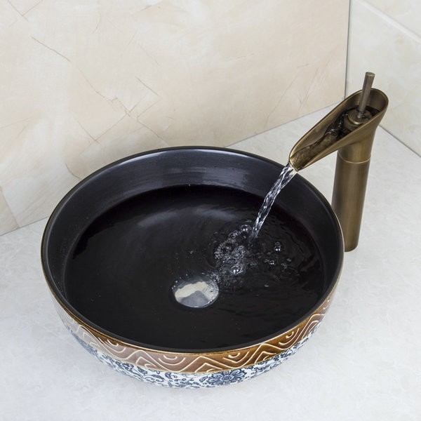 Bathroom Vessel Sink Ceramic Round Basin Bowl + Waterfall Spout Mixer ...