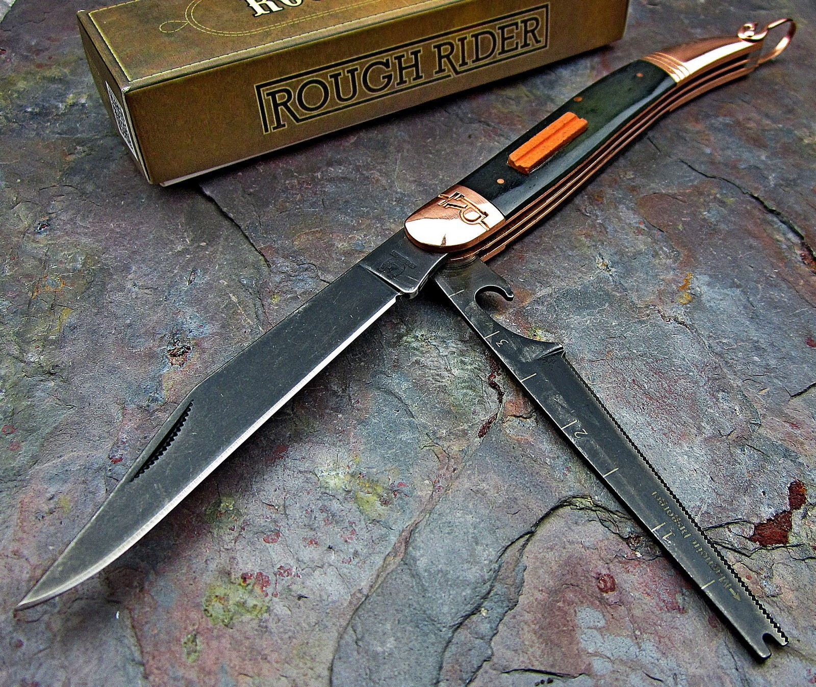 Rough Rider Black Bone Folding Fishing Pocket Knife Bottle Opener Hook ...