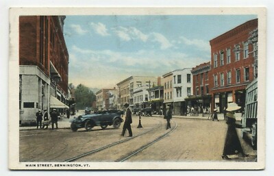 VT ~ Busy Main Street Scene & Trolley Track BENNINGTON Vermont 1920 ...